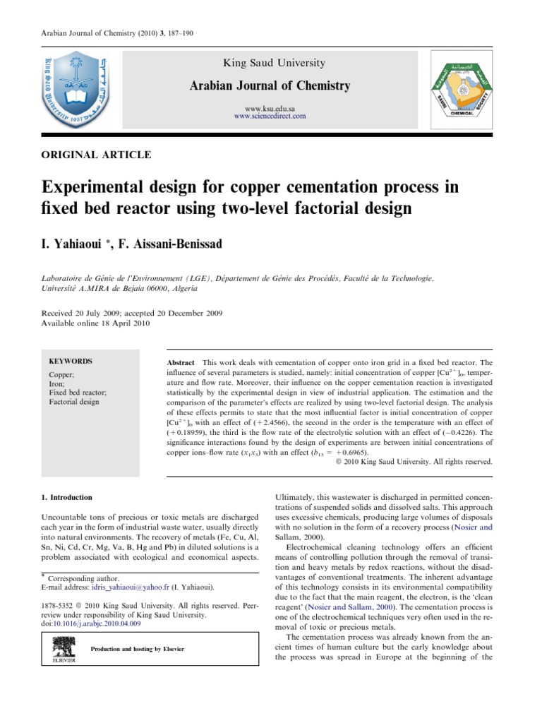 Experimental Design For Copper Cementation Process in Fixed Bed Reactor Using Two-Level ...