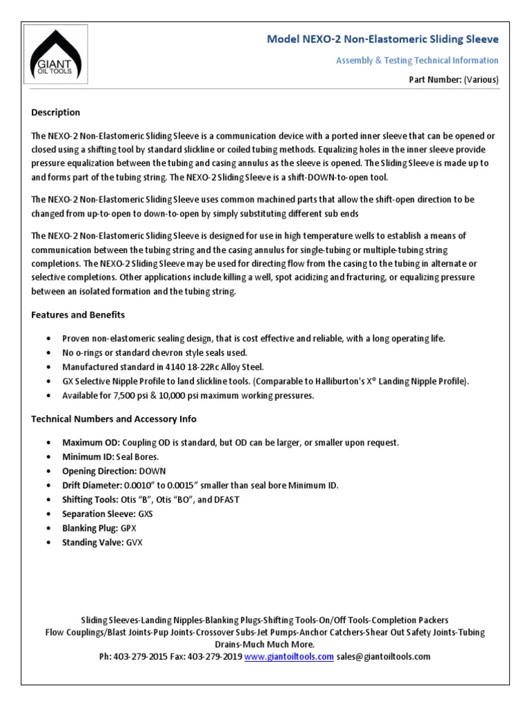 Model NEXO-2 Non-Elastomeric Sliding Sleeve: Descriptio | PDF | Casing ...