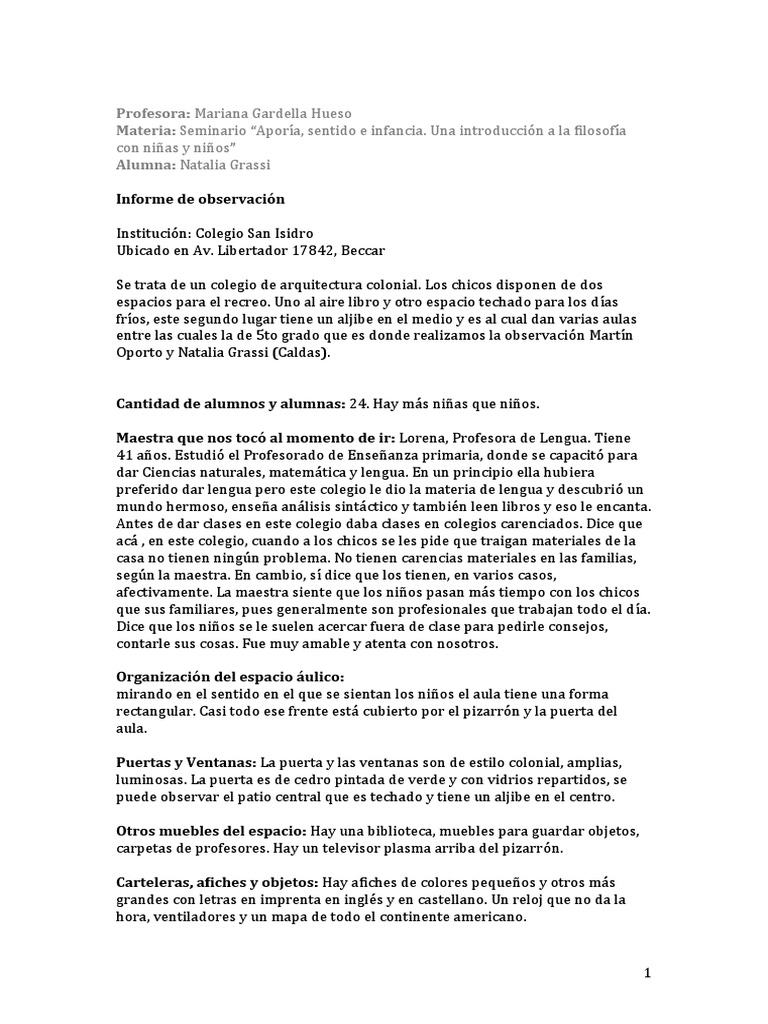 Informe de Observación Natalia Grassi Caldas | PDF