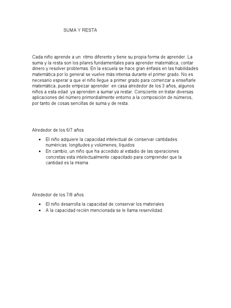 SUMA Y RESTA Factores de Riesgo Piaget | PDF | Las emociones | Estrés ...