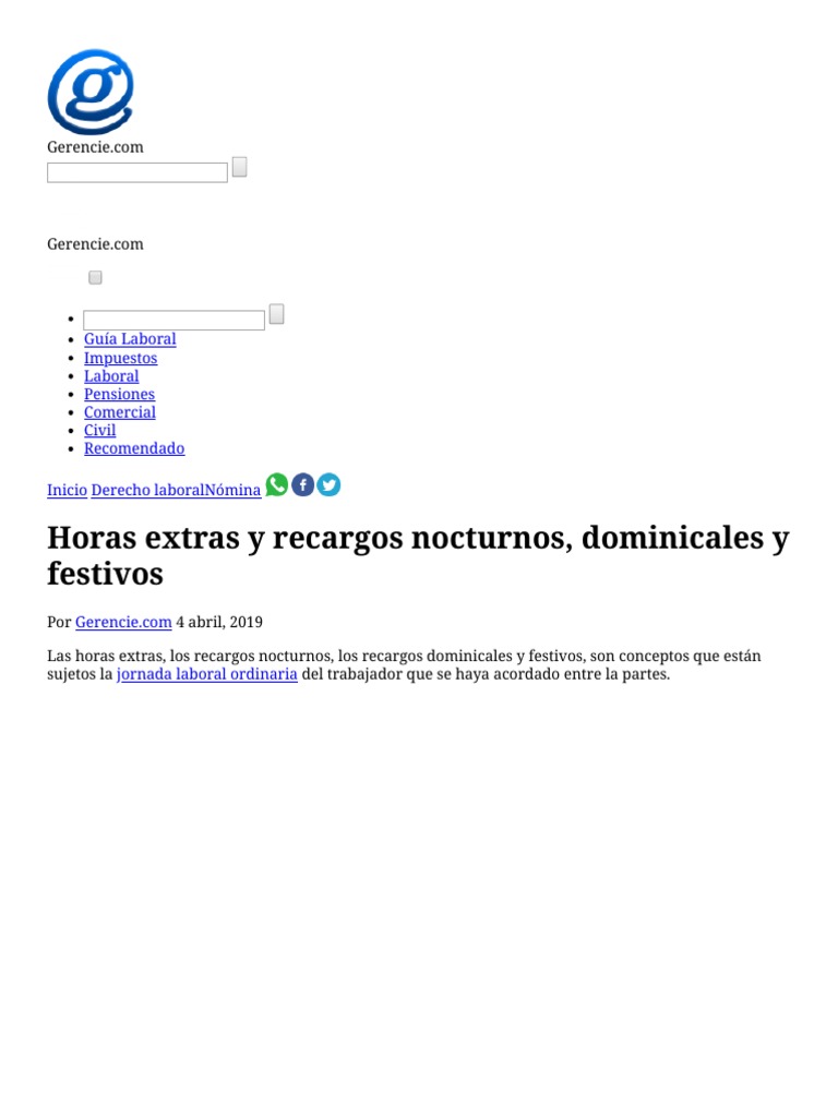 Horas Extras y Recargos Nocturnos, Dominicales y Festivos - Gerencie ...