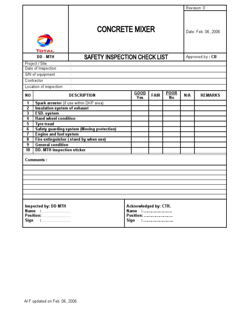 Concrete Mixer: Safety Inspection Check List | PDF