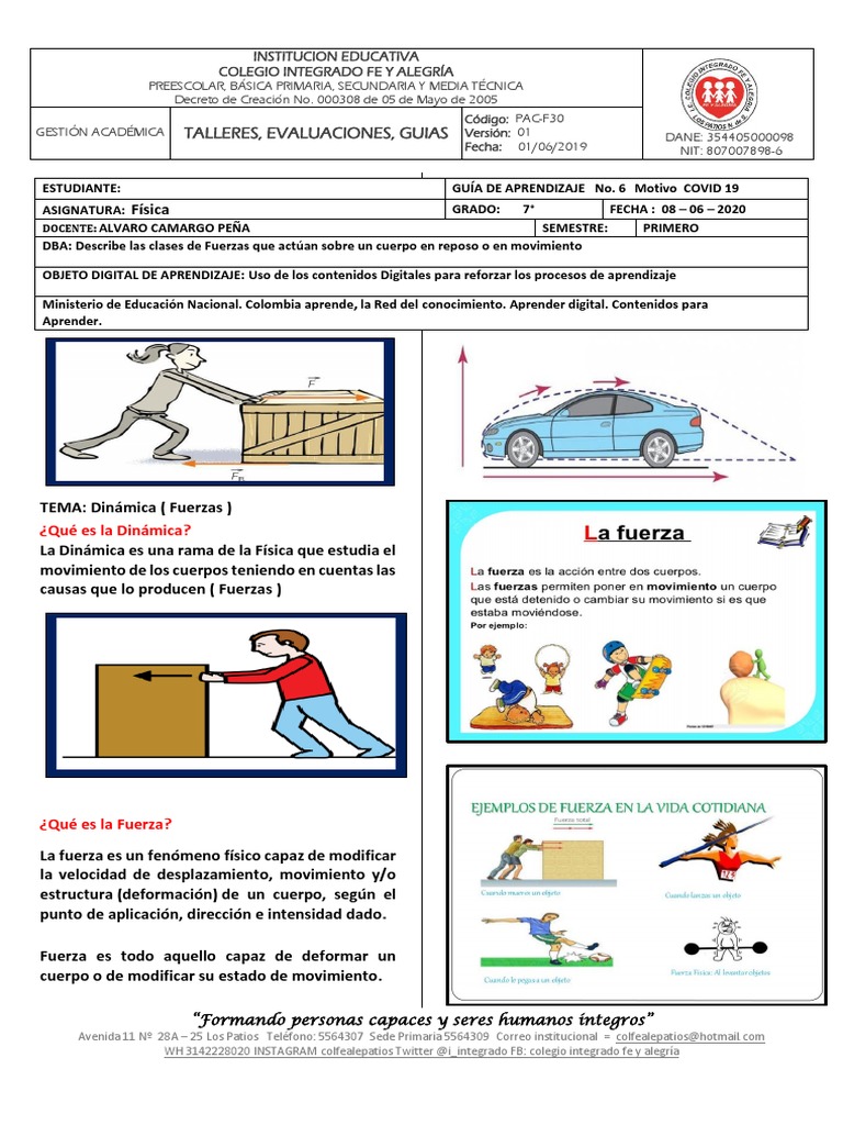 Guía de Trabajo Física Grado 7° DINAMICA | PDF | Las leyes del ...
