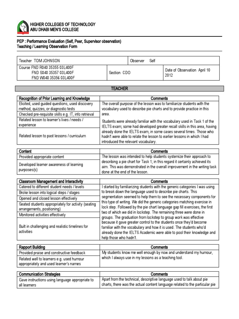 Pep - Observation Form - April 2012 | PDF | Vocabulary | Test (Assessment)