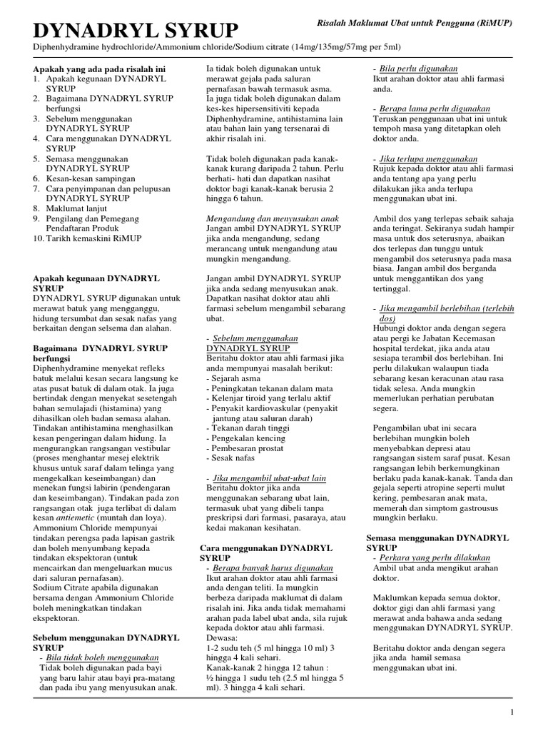 Dynadryl Syrup Diphenhydramine Hydrochloride, Ammonium Chloride, Sodium ...