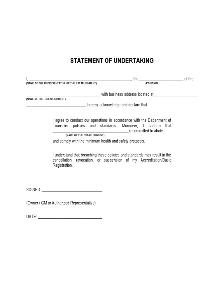 Statement of Undertaking: (Name of The Representative of The ...