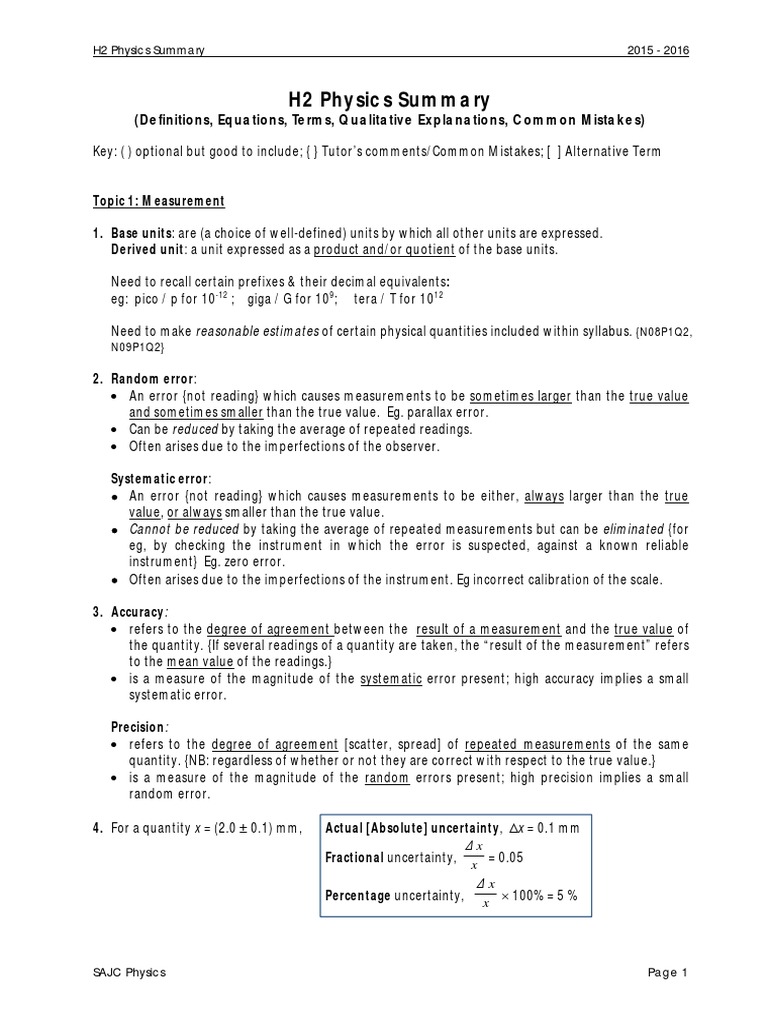 Sajc h2 Physics Summary Notes (All Topics) | PDF | Momentum | Force