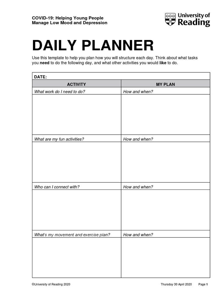 Daily Planner: COVID-19: Helping Young People Manage Low Mood and ...