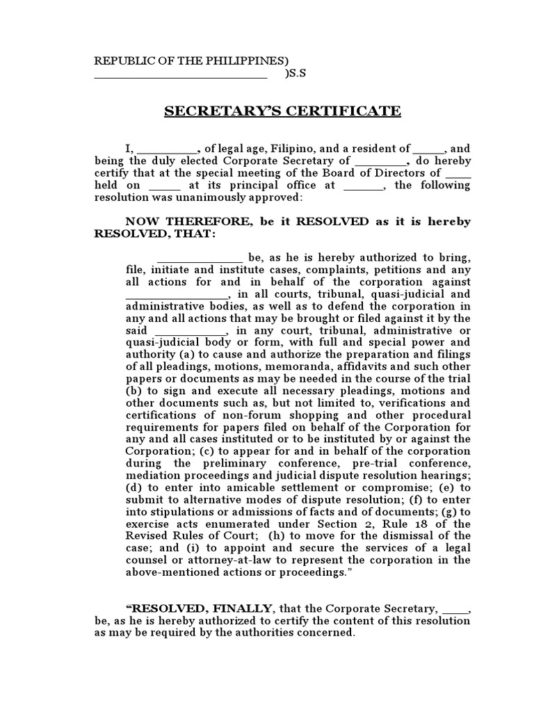 Sample Sec Cert | Download Free PDF | Affidavit | Pleading