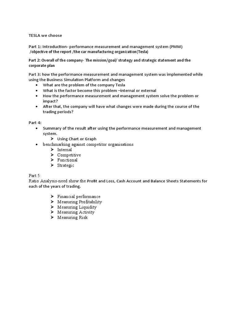 objective of The Report /the Car Manufacturing Organization (Tesla ...