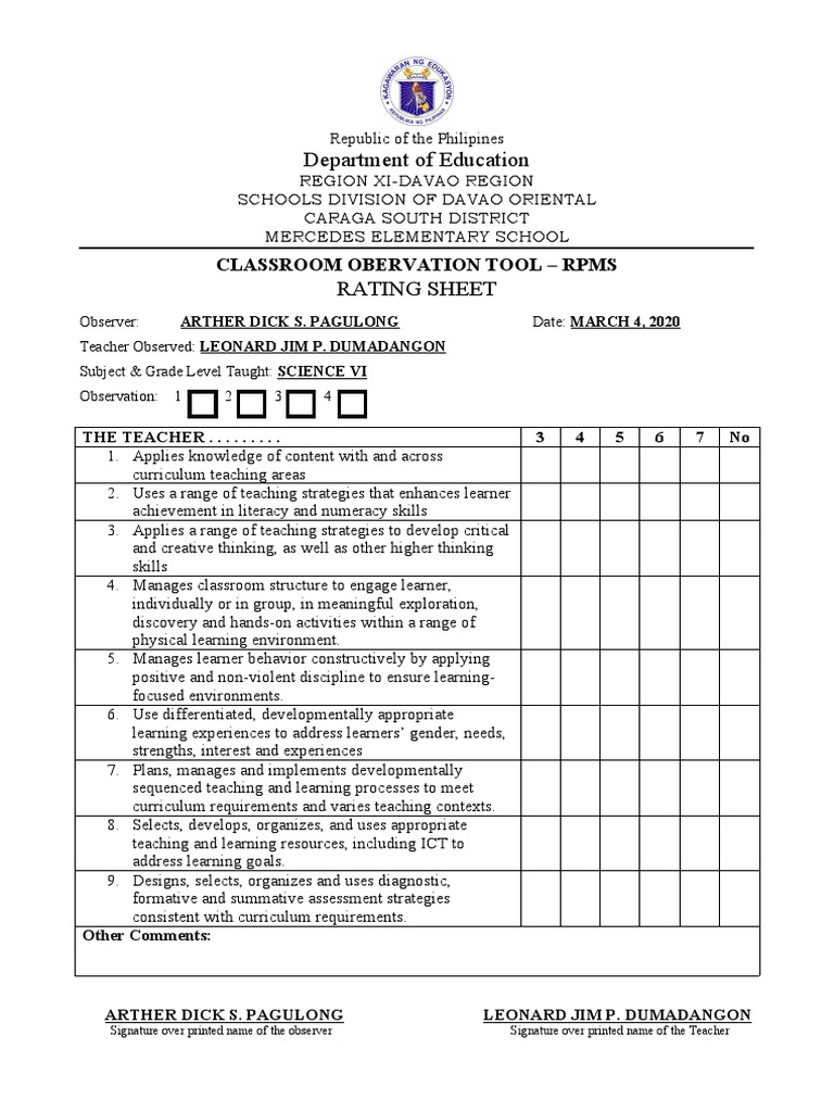 Classroom Observation Tool | PDF