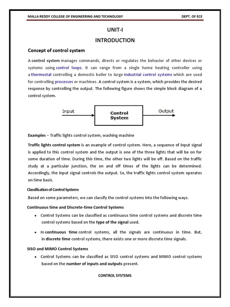 Unit-I: Concept of Control System | PDF | Control Theory | Control System