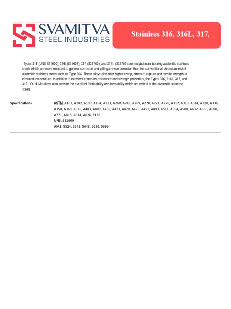 Stainless 316, 316L, 317, 317L: Specifications | PDF | Stainless Steel ...