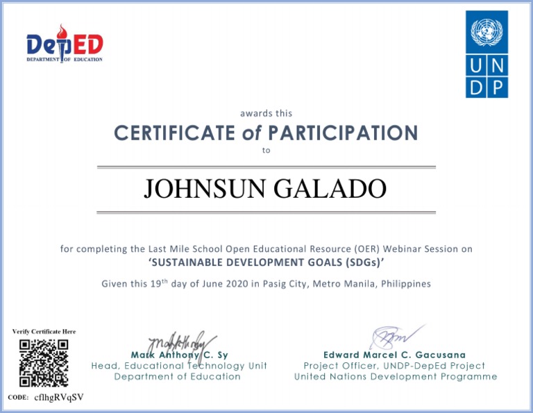 Sustainable Development Goals Certificate PDF | PDF
