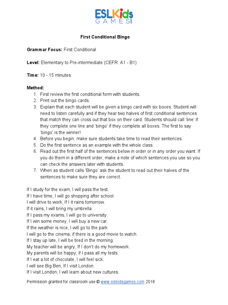 First Conditional Bingo Grammar Focus: Level: Time: Method:: Permission ...