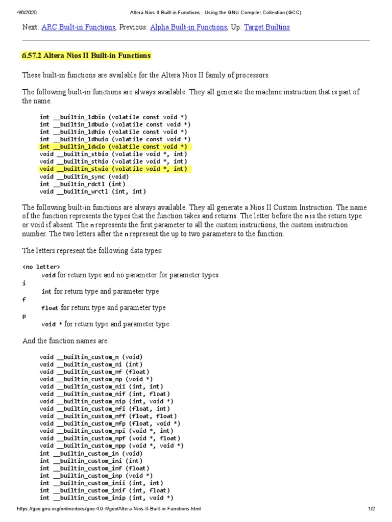 Nios II Built-in Functions | PDF | Subroutine | Integer (Computer Science)