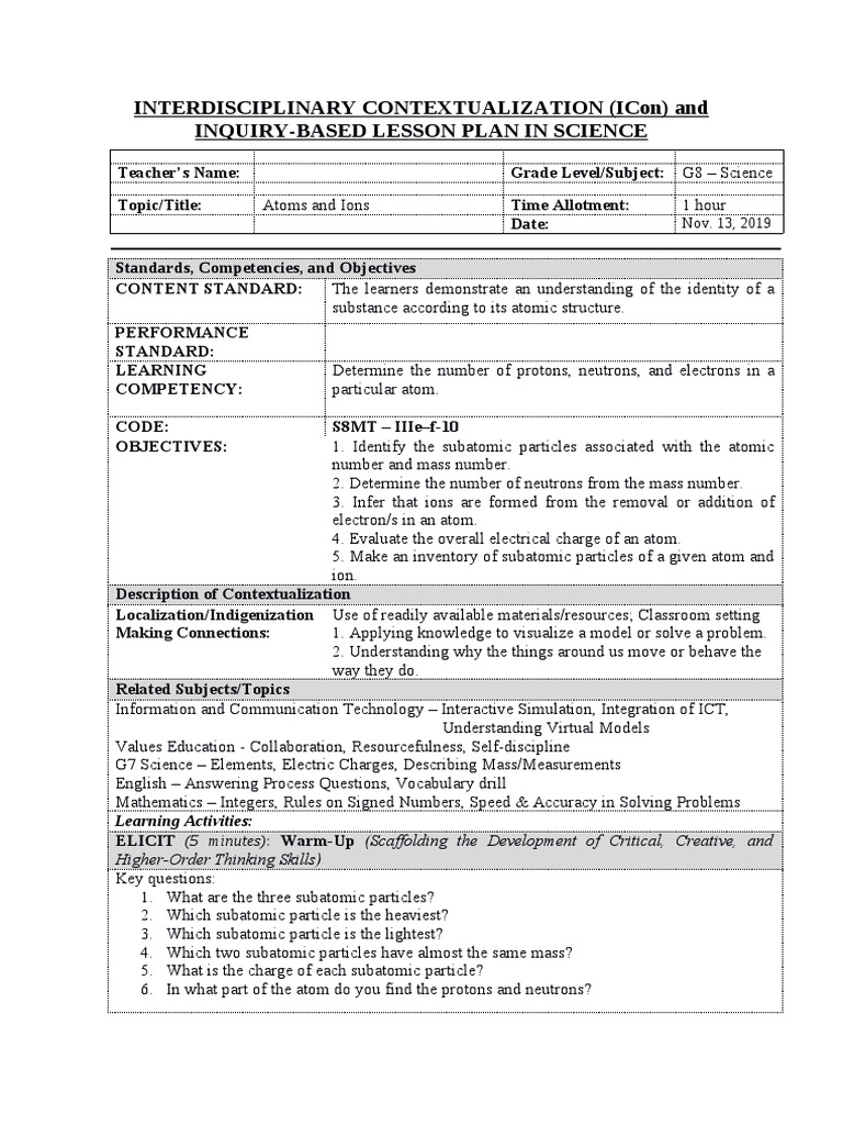 G8 Science: Atoms & Ions Lesson Plan | PDF | Atoms | Electron