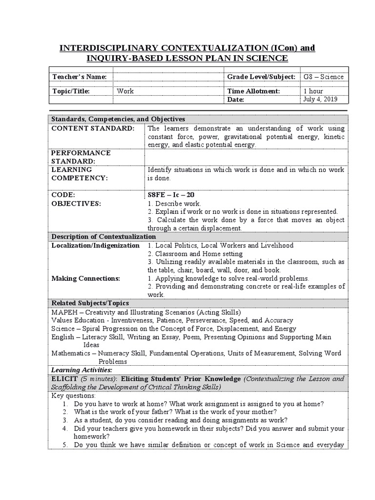 Interdisciplinary Contextualization (Icon) and Inquiry-Based Lesson ...