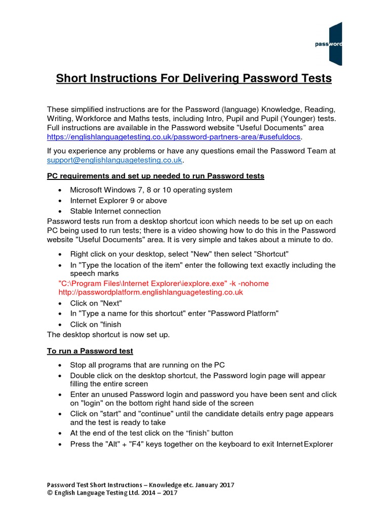 Short Instructions For Delivering Password Tests: Support ...