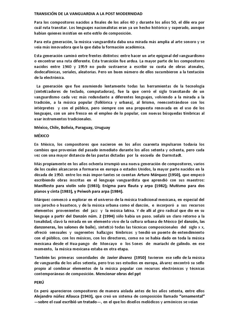 Transición de La Vanguardia A La Post Modernidad | PDF | Composiciones ...