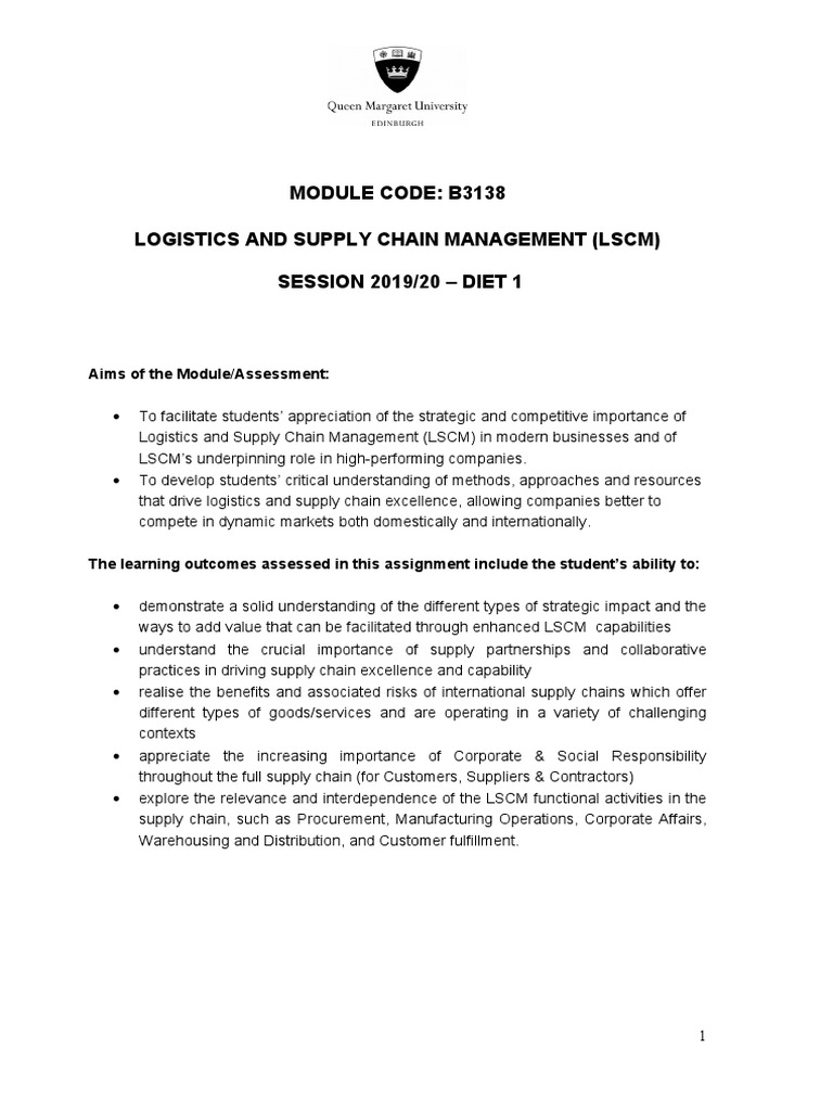 LSCM Assignment 1 - Diet 1 2019 - 20 | PDF | Corporate Social Responsibility | Supply Chain