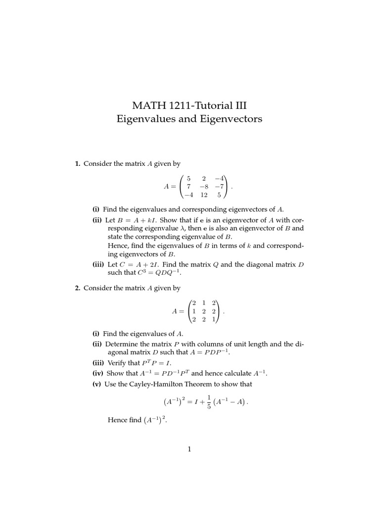 MATH 1211-Tutorial III Eigenvalues and Eigenvectors | PDF | Eigenvalues ...
