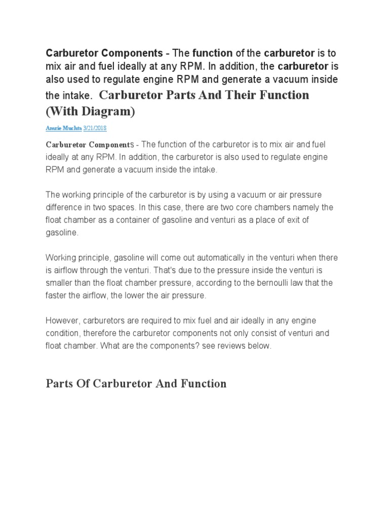 Carburetor Parts and Their Function (With Diagram) | PDF | Carburetor ...
