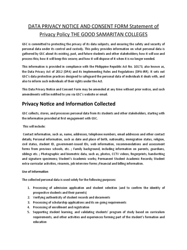 Data Privacy Notice and Consent Form Statement of Privacy Policy The Good Samaritan Colleges ...