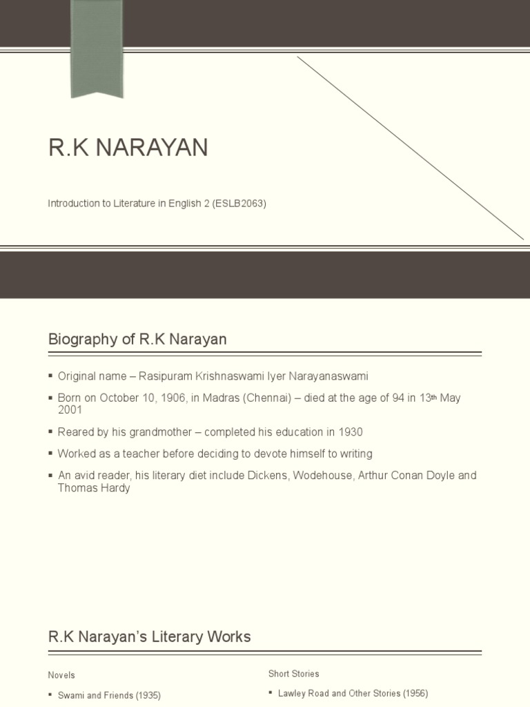 R.K Narayan: Introduction To Literature in English 2 (ESLB2063) | PDF