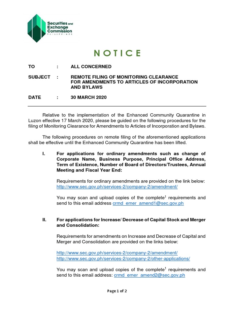 Procedures for Remote Filing of Monitoring Clearance for Amendments to ...