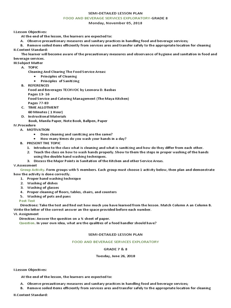 Detailed F & B 7 & 8 | PDF | Restaurants | Lesson Plan