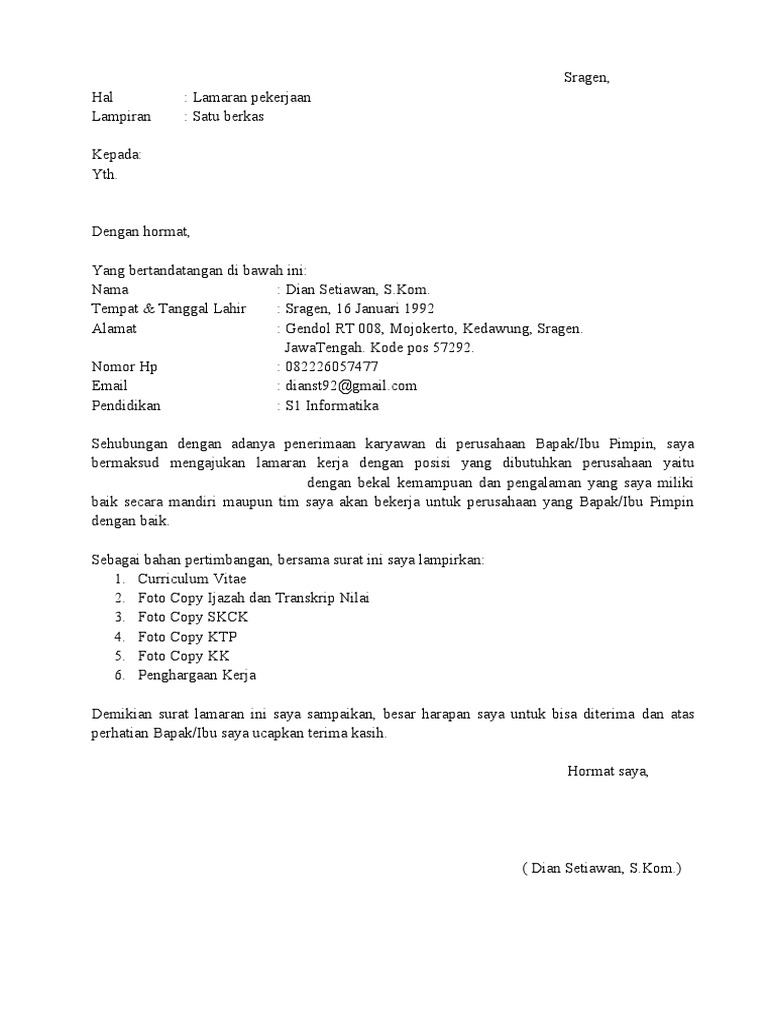 Lamaran Kerja Dian Setiawan | PDF