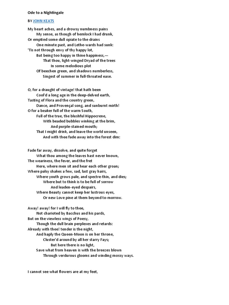 Ode To A Nightingale | PDF | John Keats | Poetry