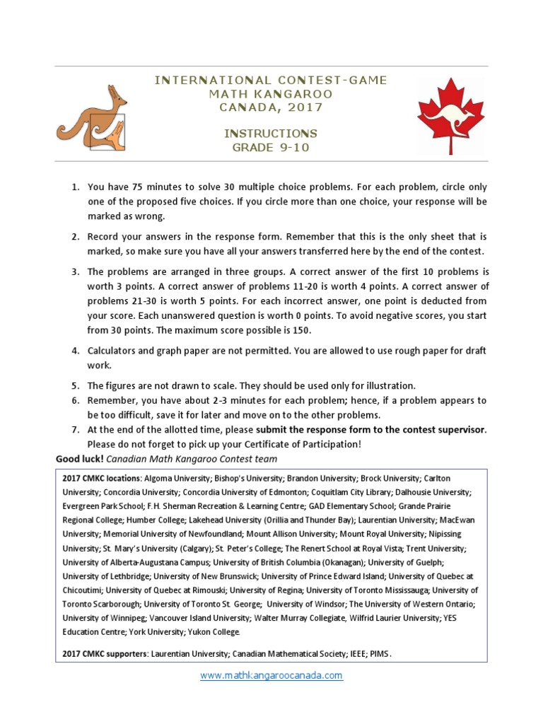 International Contest-Game Math Kangaroo CANADA, 2017 Instructions ...