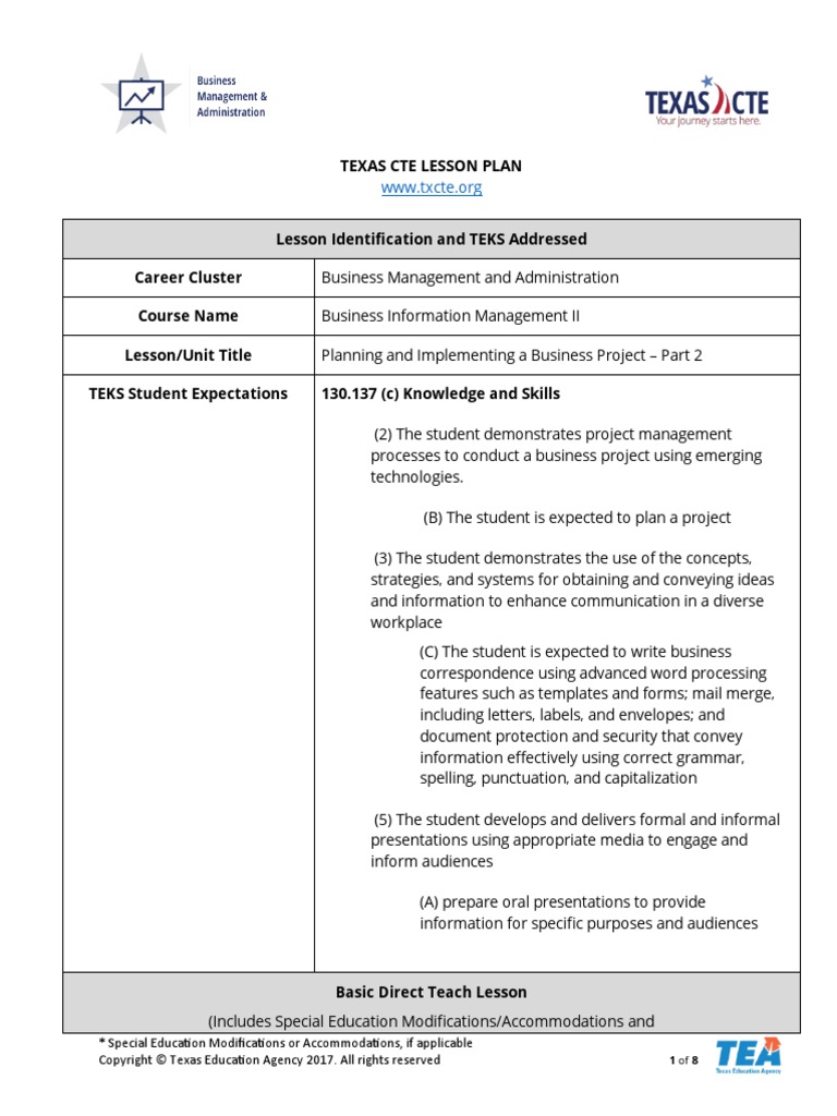 Lesson Plan Planning and Implementing A Business Project - 0 | PDF ...