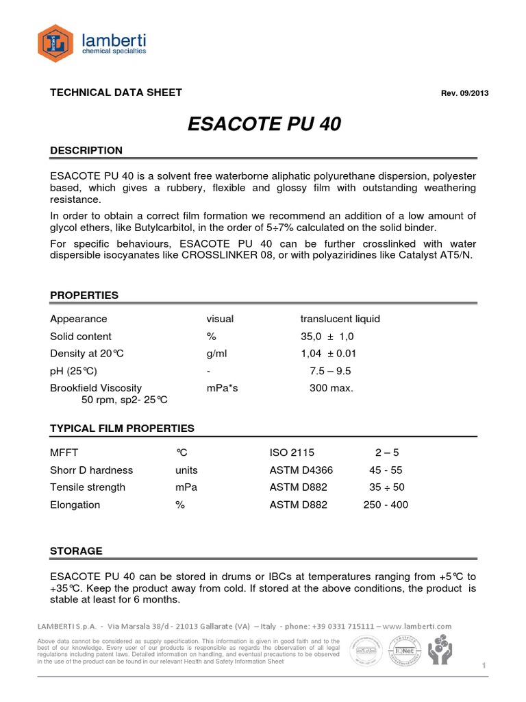 Esacote Pu 40: Technical Data Sheet | PDF | Polyurethane | Chemistry