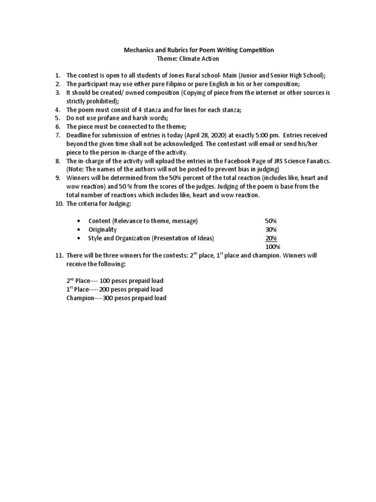 Mechanics and Rubrics For Poem Writing Competition | PDF