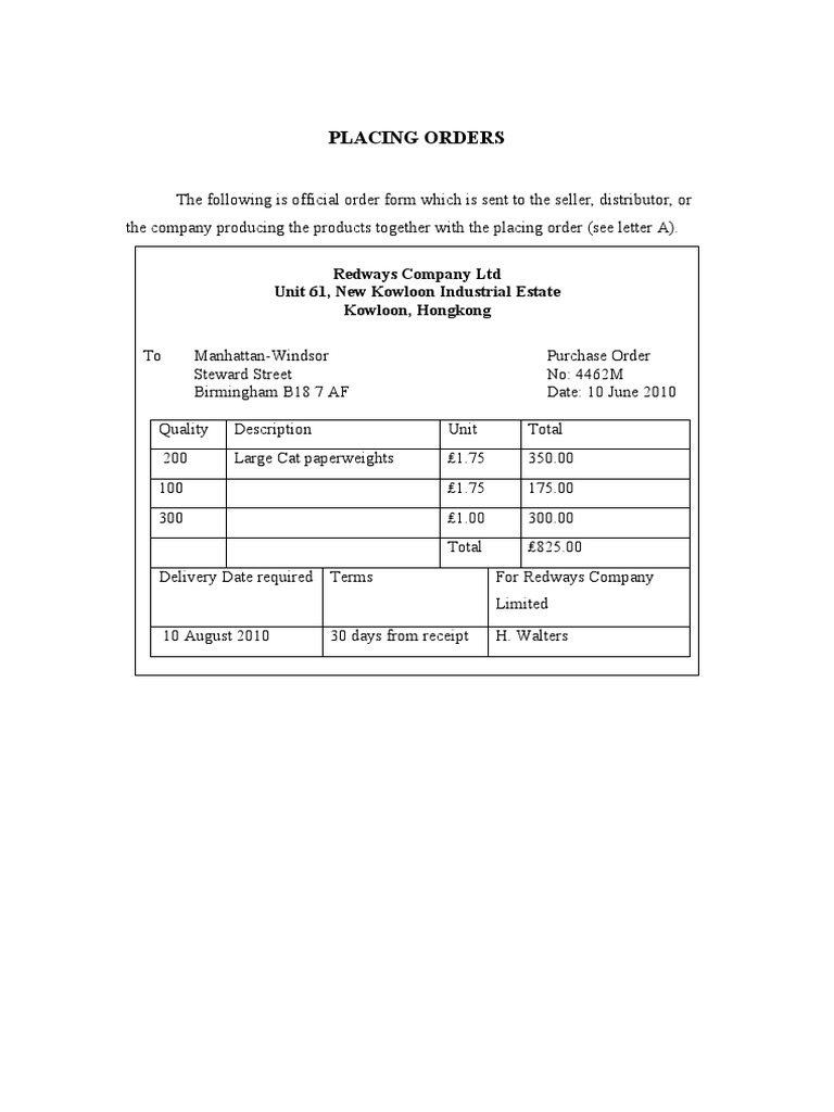 Placing Orders: Redways Company LTD Unit 61, New Kowloon Industrial Estate Kowloon, Hongkong ...