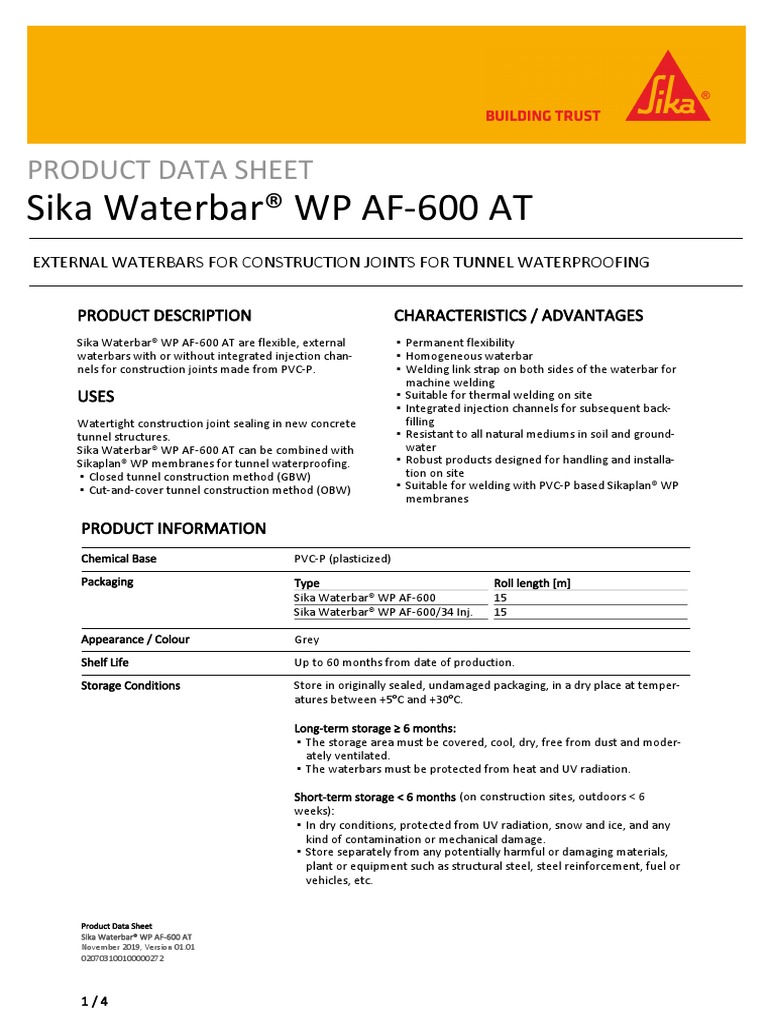 Sika Waterbar® WP AF-600 AT: Product Data Sheet | PDF | Concrete | Welding