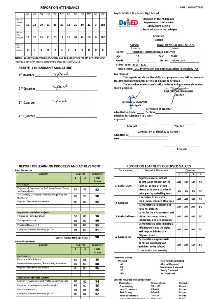 Deped Form 138 - CSS Grade12 2019-2020 Roncale John Michael B ...