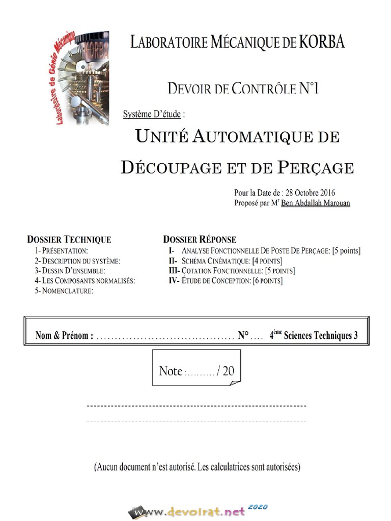 Devoir de Contrôle N°1 Avec Correction - Génie Mécanique - Unité Automatique de Découpage Et de ...