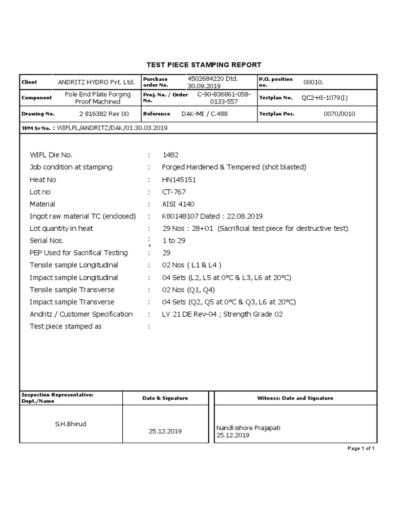 TEST PIECE STAMPING REPORT - Pole End Plate DAK MI Die. No. 4510 ...