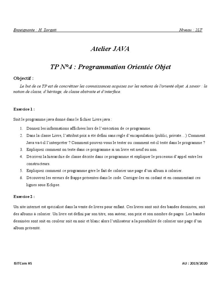 Atelier JAVA TP N°4: Programmation Orientée Objet: Objectif | PDF | Classe (informatique) | Java ...