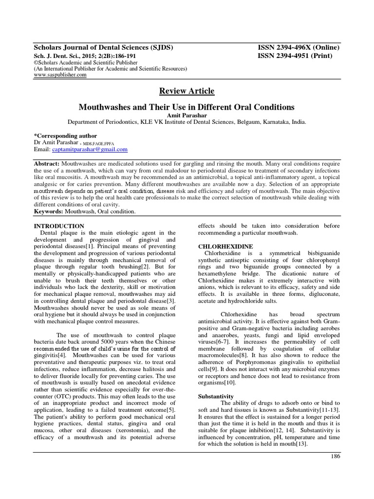Mouthwashes and Their Use in Different Oral Conditions | PDF