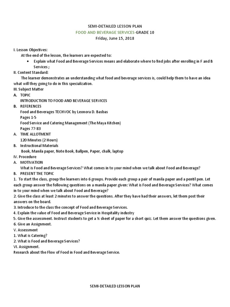 Food and Beverage Services-: Semi-Detailed Lesson Plan Grade 10 Friday ...
