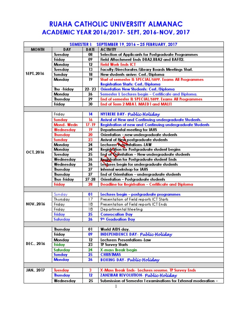 Ruaha Catholic University Almanac: ACADEMIC YEAR 2016/2017-SEPT, 2016 ...