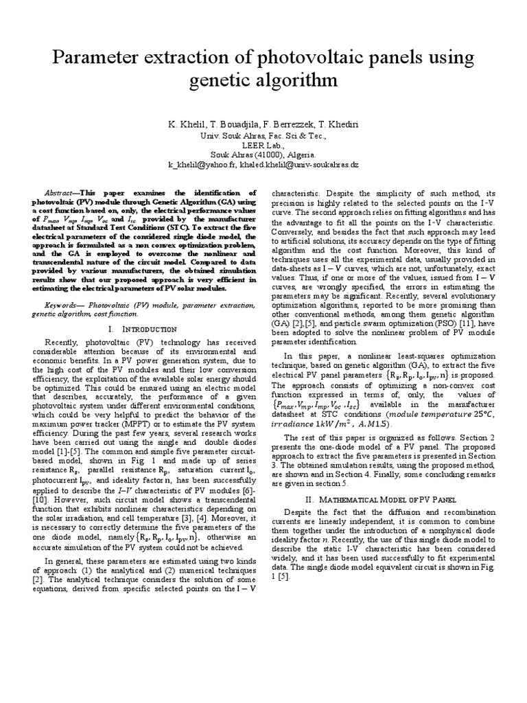Parameter Extraction Of Photovoltaic Panels Using Genetic Algorithm Pdf Photovoltaics