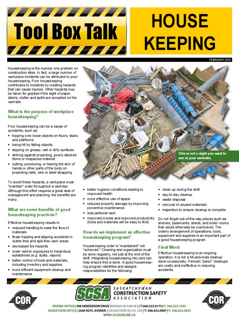 Tool Box Talk: House Keeping | PDF | Housekeeping | Prevention