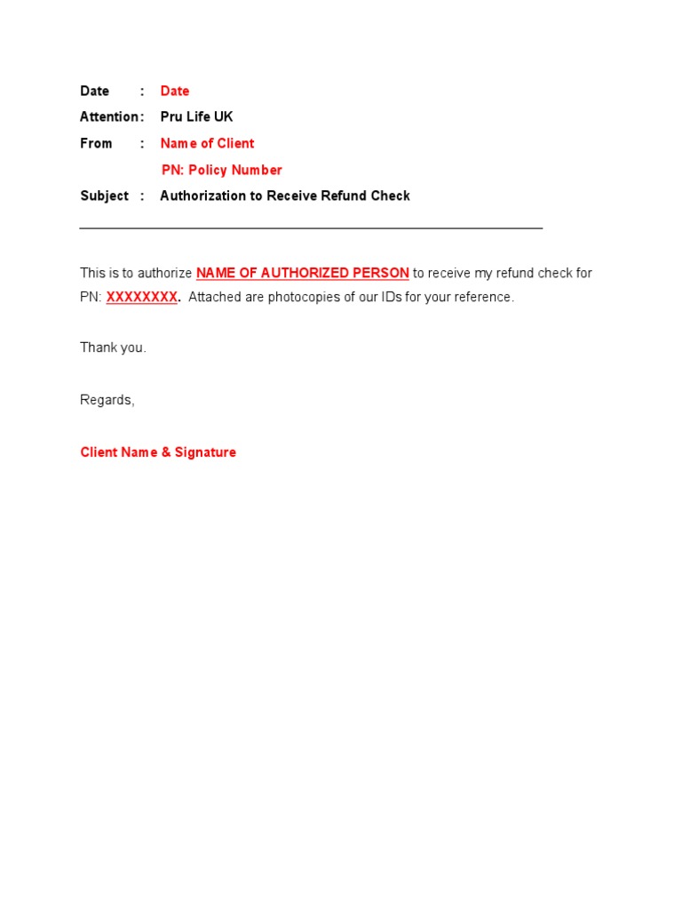 Sample Letter - Authorization For Check Refund | PDF