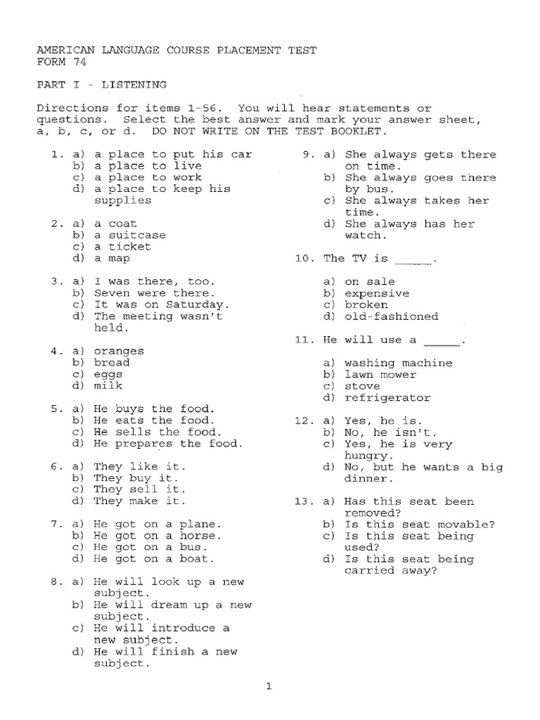American Language Course Placement Test Listening Comprehension ...